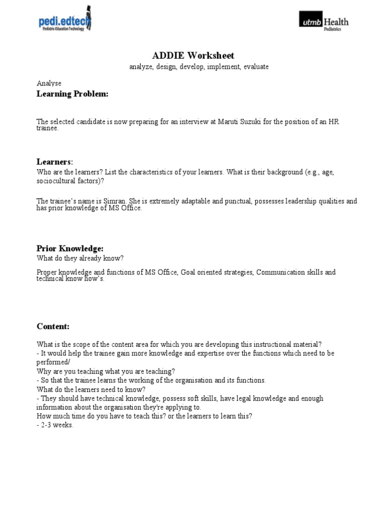ADDIE Worksheet | PDF | Educational Technology | Teaching