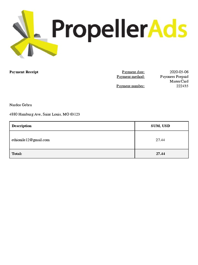 Payment Receipt: Payment Date: 2020-05-06 Payment Method: Payoneer ...