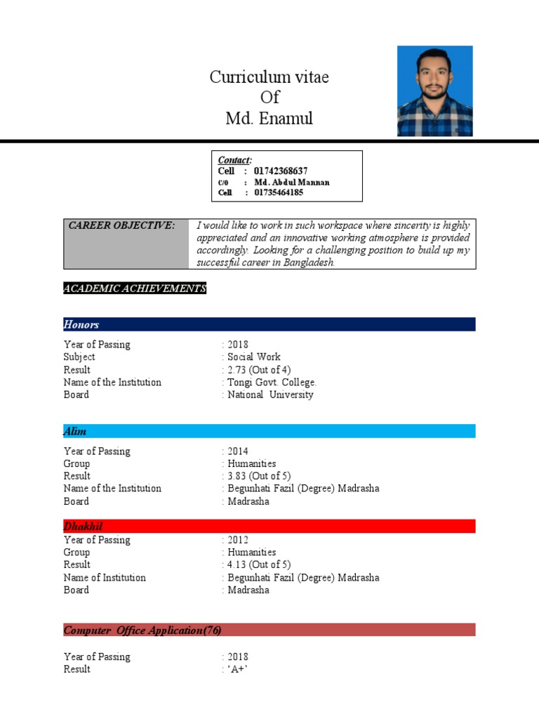 Curriculum Vitae of Md. Enamul: Career Objective | PDF