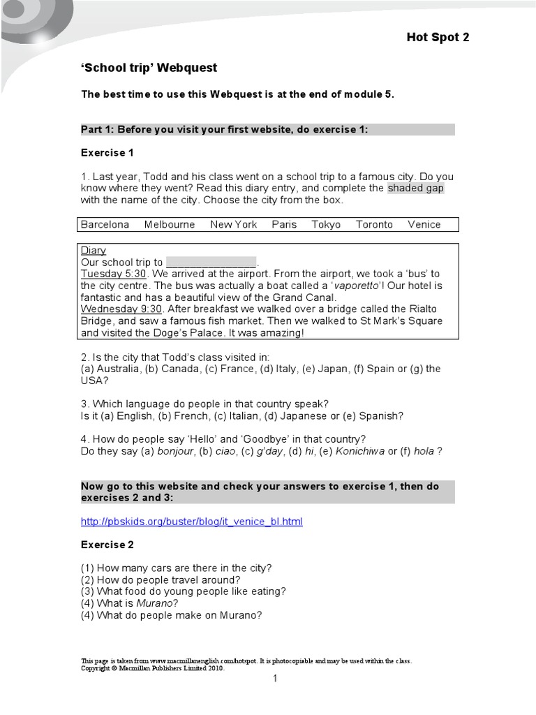 Hot Spot 2 School Trip' Webquest: The Best Time To Use This Webquest Is ...