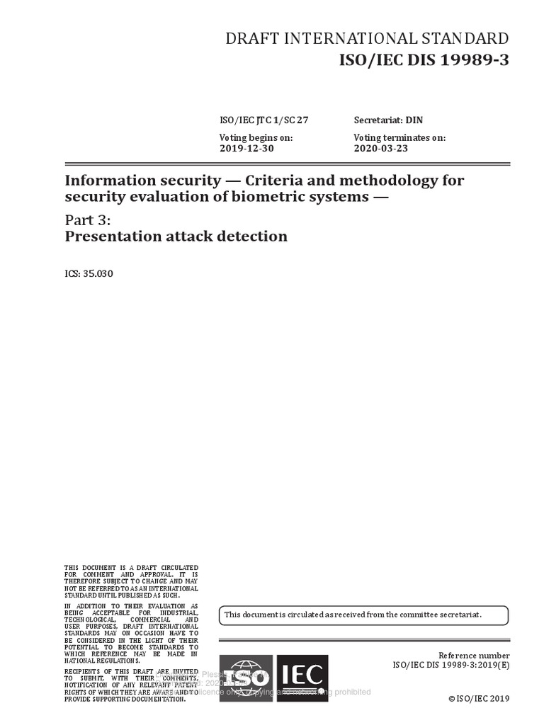 DIS - 19989-3 - Criteria and Methodology For Security Evaluation of Biometric Systems | PDF ...