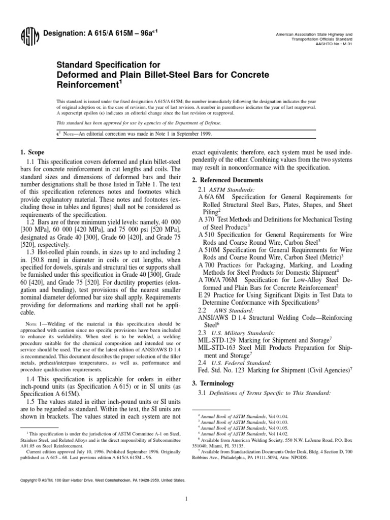 ASTM A 615 Deformed and Plain Steel Bars For Concrete Rein 1 PDF | PDF ...