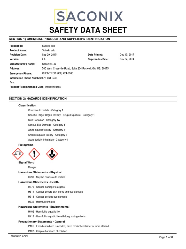 Safety Data Sheet: Section 1) Chemical Product and Supplier'S Identification | PDF | Dangerous ...