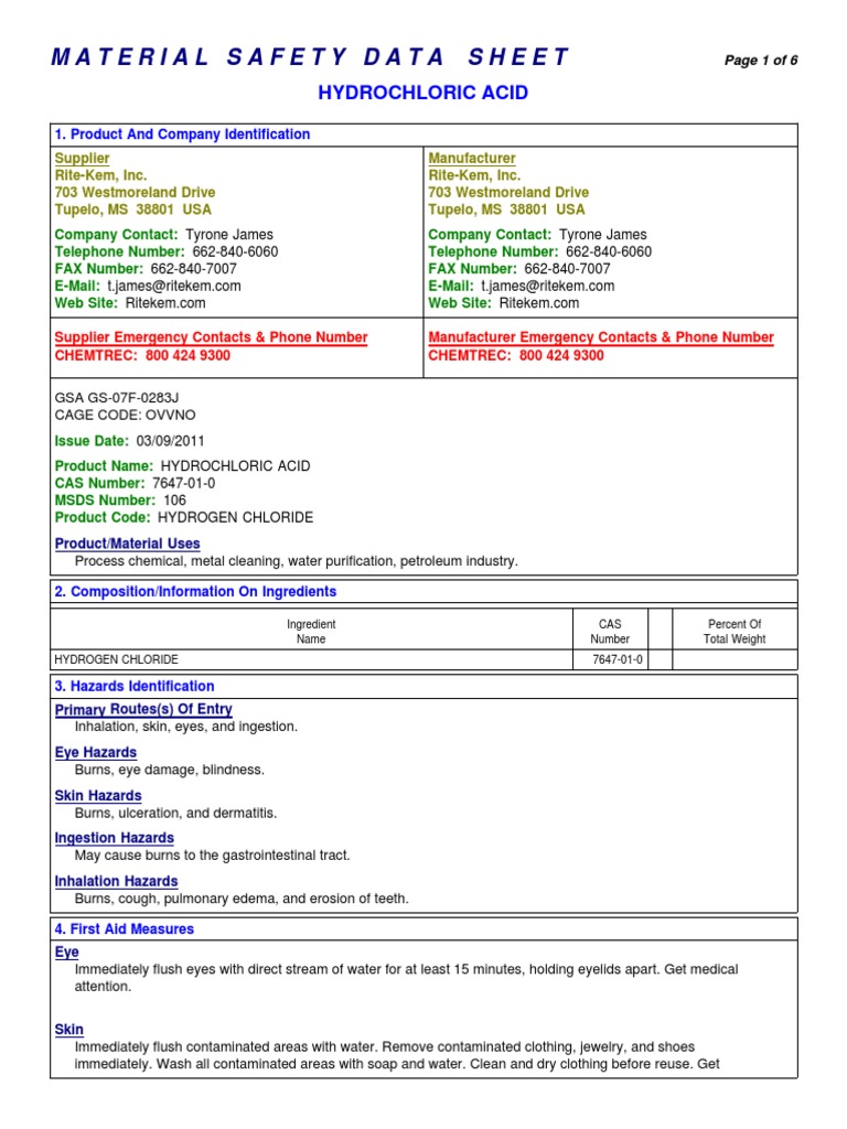 MSDS HCL | Download Free PDF | Hydrochloric Acid | Chlorine
