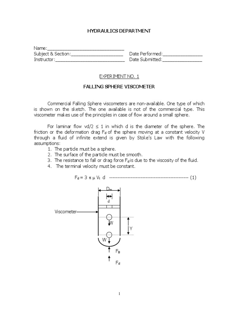 Lab Manual 1 | PDF | Drag (Physics) | Viscosity