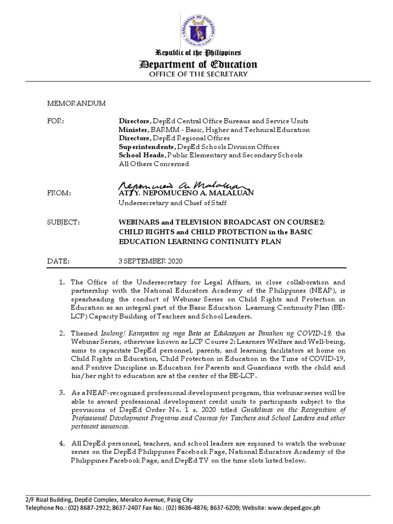 Deped Memo Webinars Course 2 | PDF | Child Protection | Children's Rights