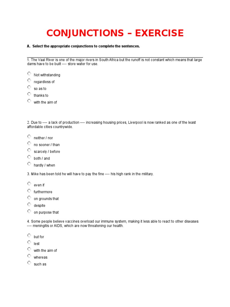 Conjunctions - Exercise | PDF | Wellness | Medical