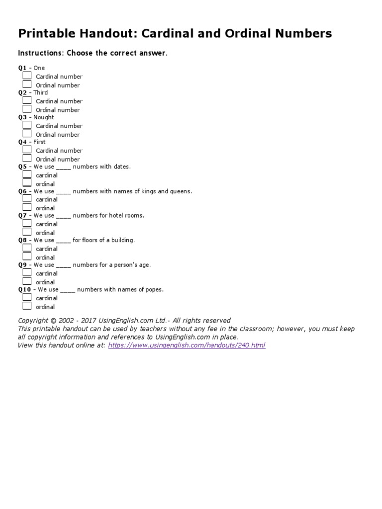 Cardinal and Ordinal Numbers - Printable Teacher Handout - UsingEnglish ...