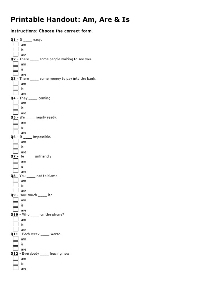 Am, Are & Is - Printable Teacher Handout - UsingEnglish | PDF