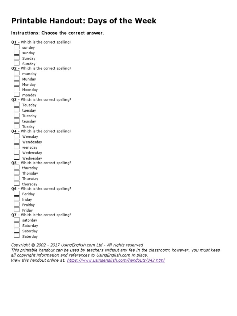 Days of The Week - Printable Teacher Handout - UsingEnglish | PDF