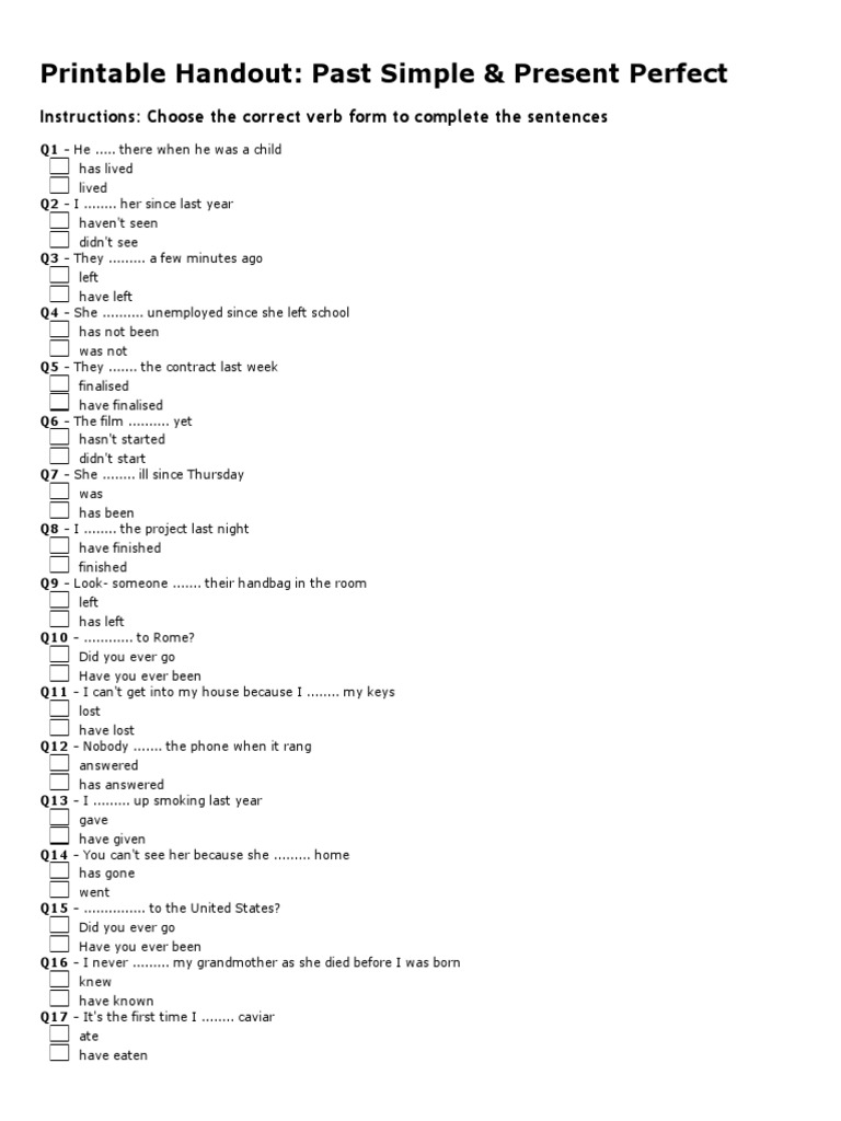 Past Simple & Present Perfect - Printable Teacher Handout ...