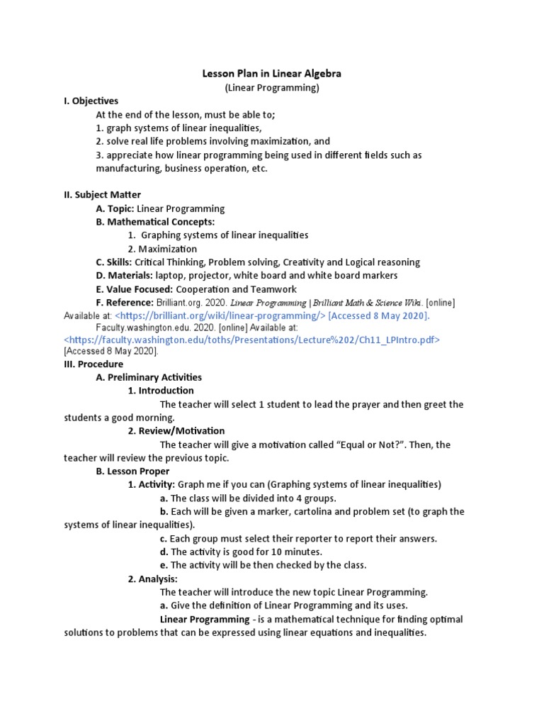 Sample Lesson Plan In Linear Programming Pdf Mathematical Optimization Linear Programming