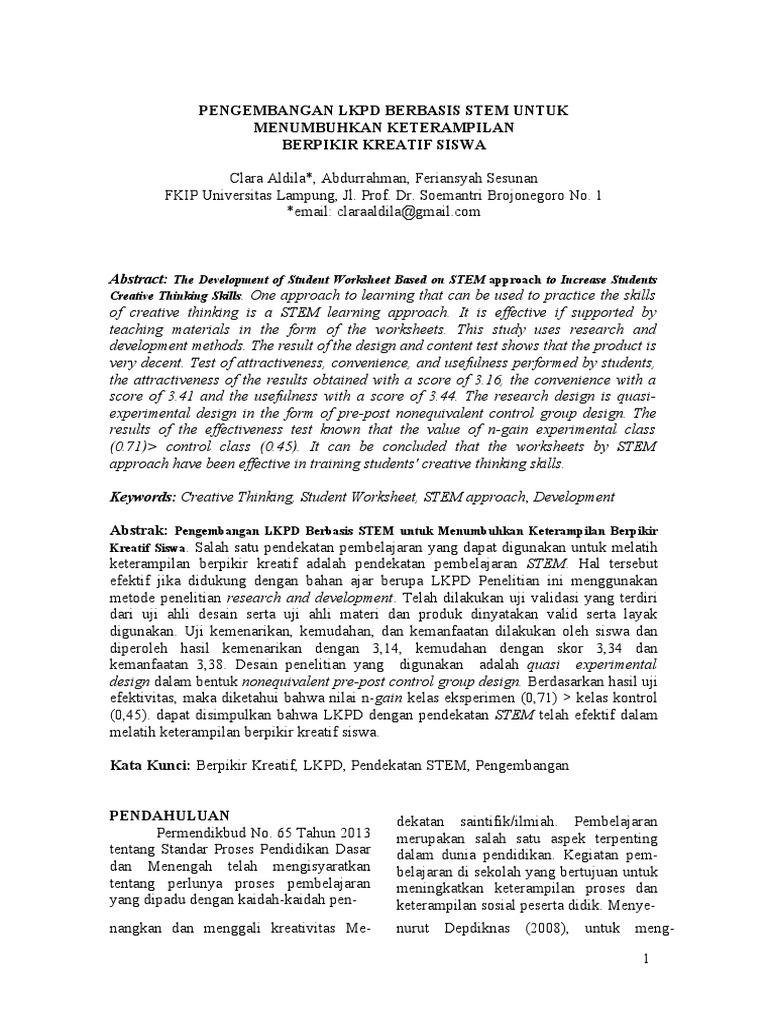 Pengembangan LKPD Berbasis Stem Untuk Menumbuhkan Keterampilan Berpikir ...