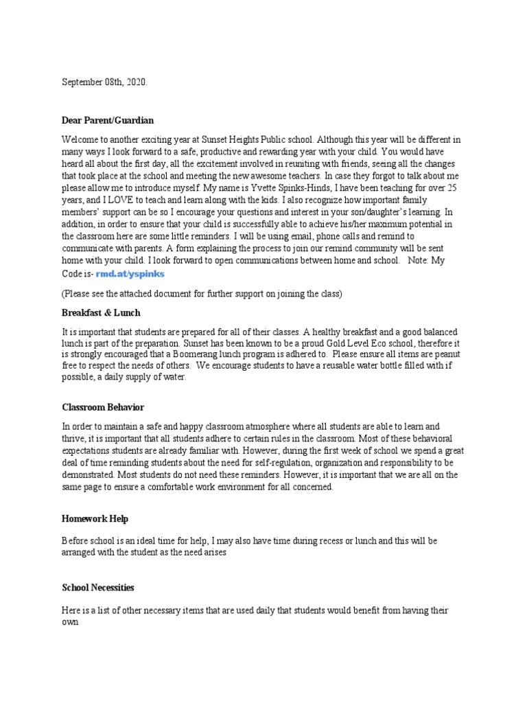 First Day Letter 2020 | PDF | Classroom | Behavior Modification