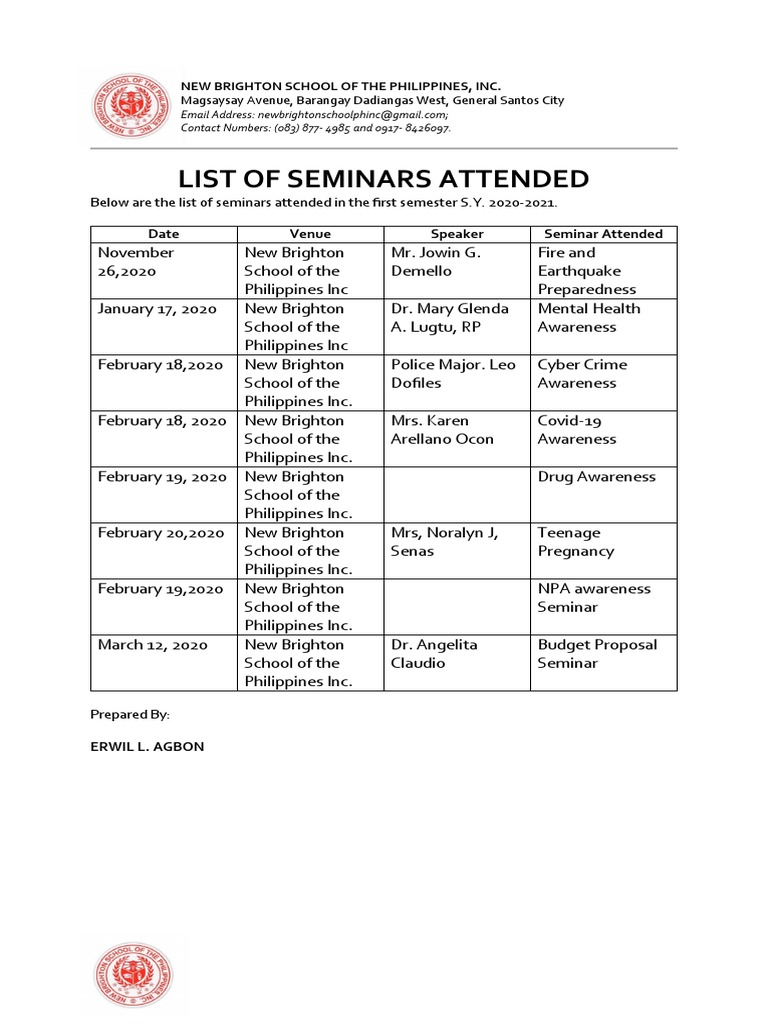 Below Are The List of Seminars Attended in The First Semester S.Y. 2020 ...