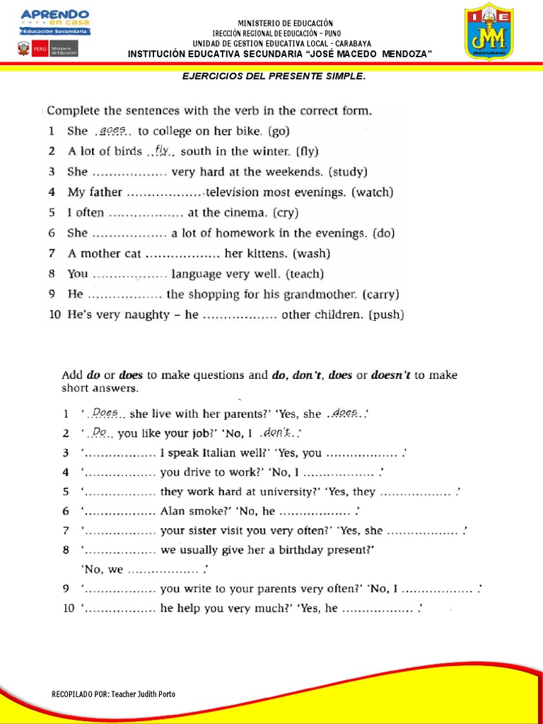 Ejercicios Del Presente Simple | PDF