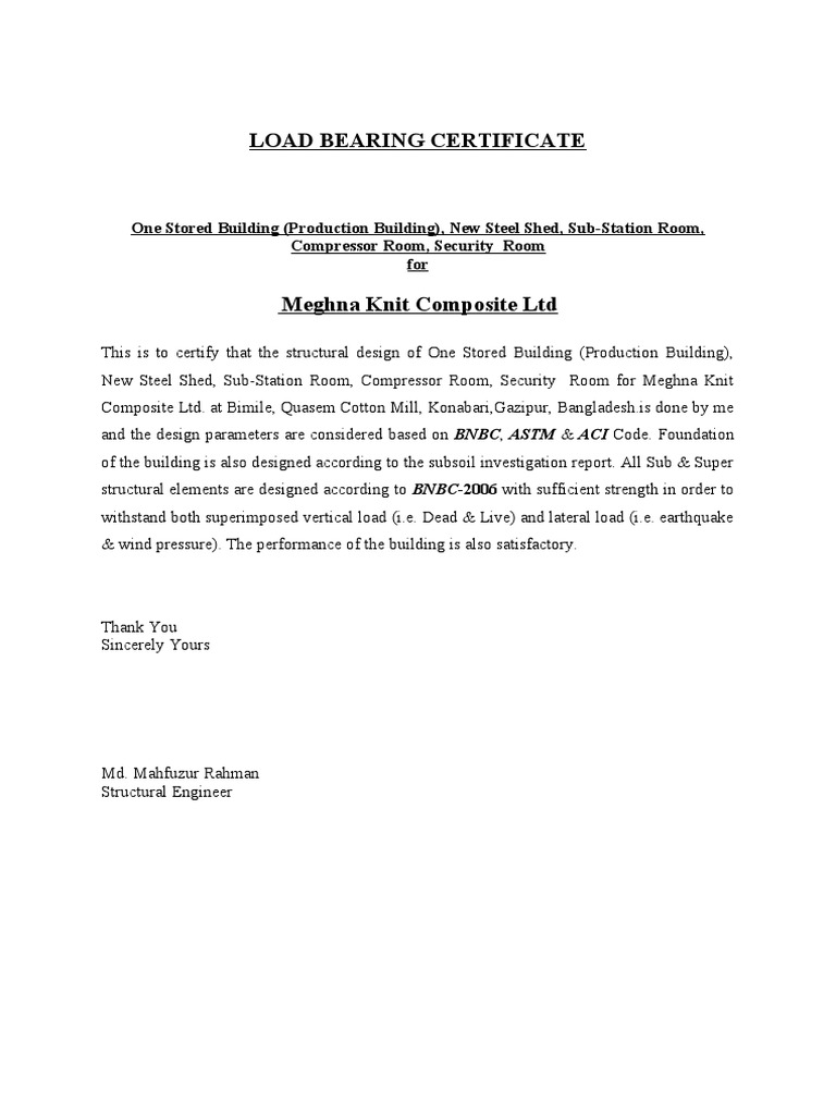 Load Bearing Certificate for Meghna Knit | PDF | Computers | Technology ...