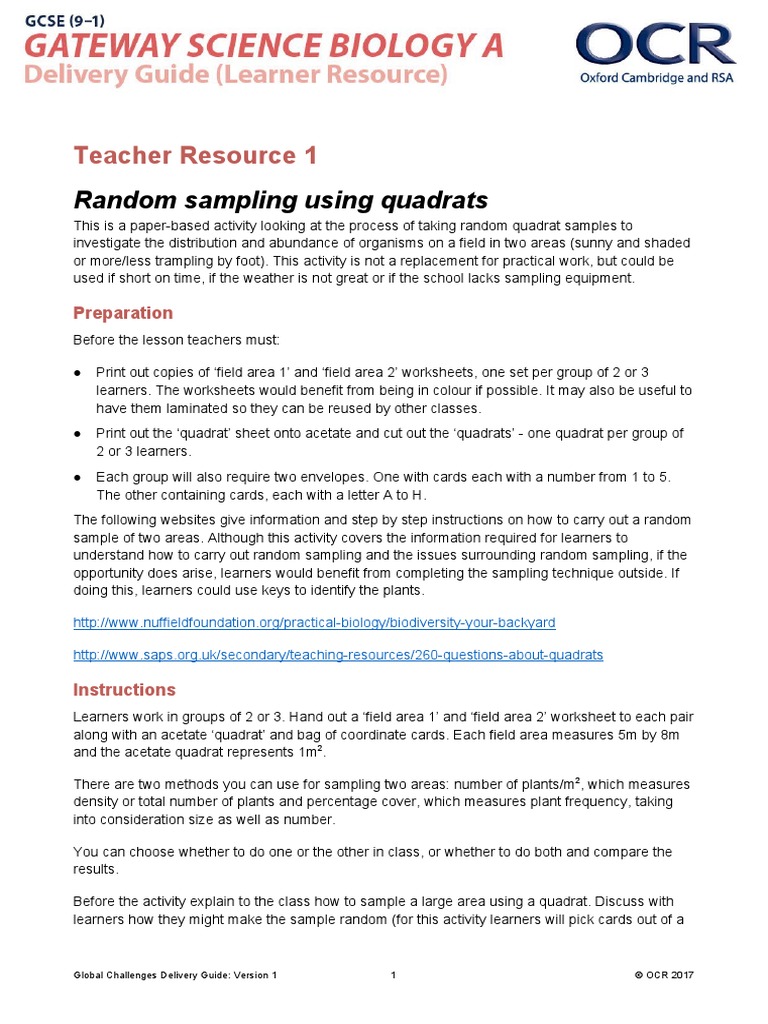Teacher Resource 1: Random Sampling Using Quadrats | PDF | Nature