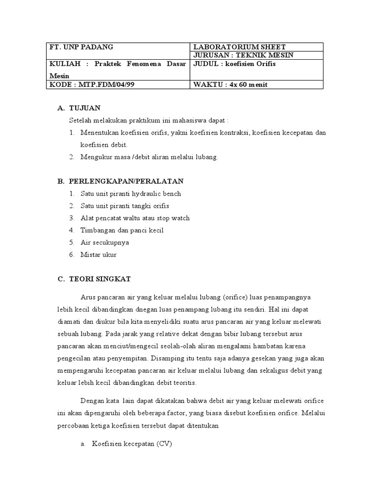 Laporan Praktikum 7 (Koefisien Orifis) | PDF