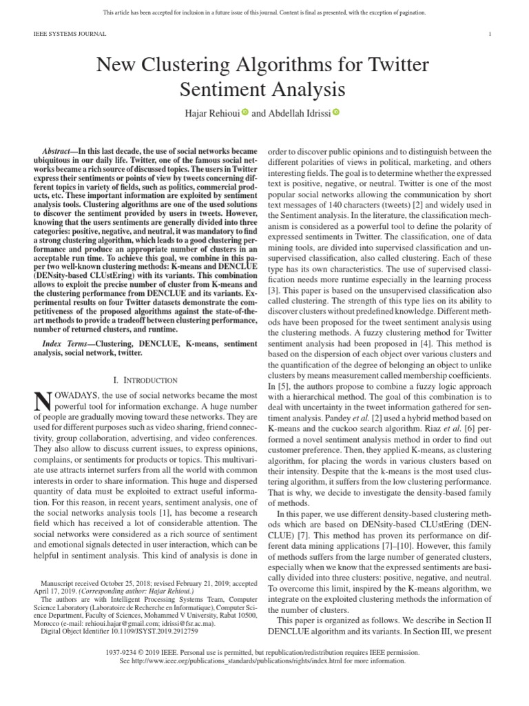 New Clustering Algorithms For Twitter Sentiment Analysis Pdf Cluster Analysis Statistical