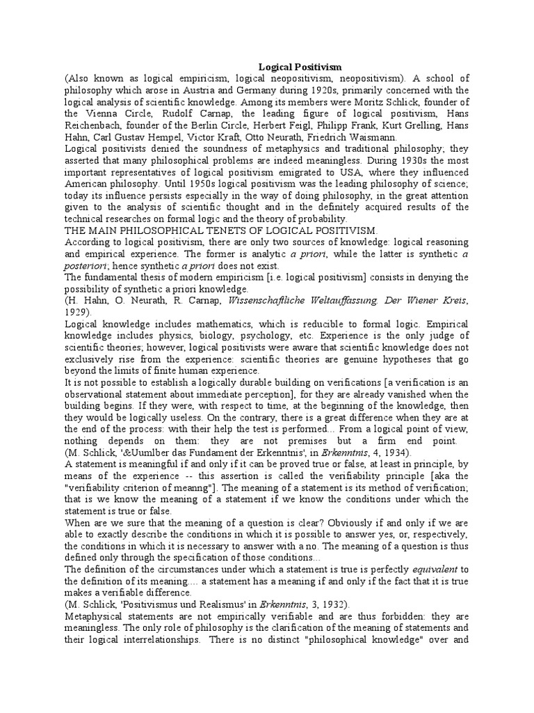 Logical Positivism 4 Pages PDF Theory Philosophical Traditions