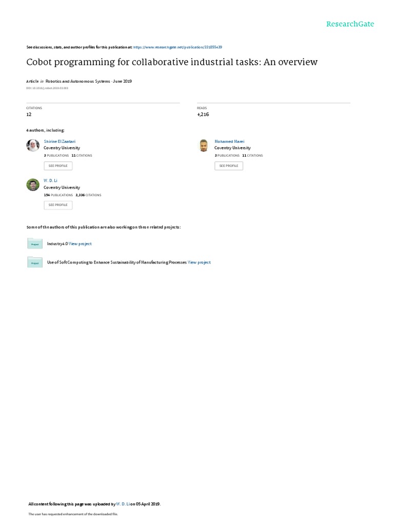 Cobot Programming For Collaborative Industrial Tasks: An Overview | PDF | Robot | Robotics
