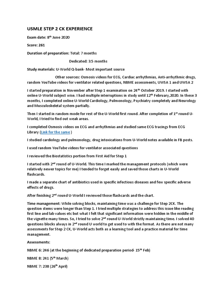 Usmle Step 2 CK Experience: Exam Date: 8 Score: 261 Duration of ...