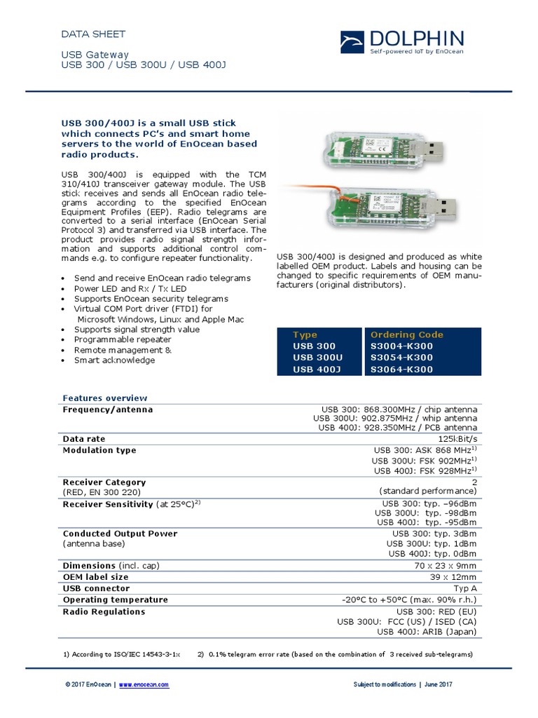 Data Sheet USB Gateway USB 300 / USB 300U / USB 400J | PDF | Usb | Radio