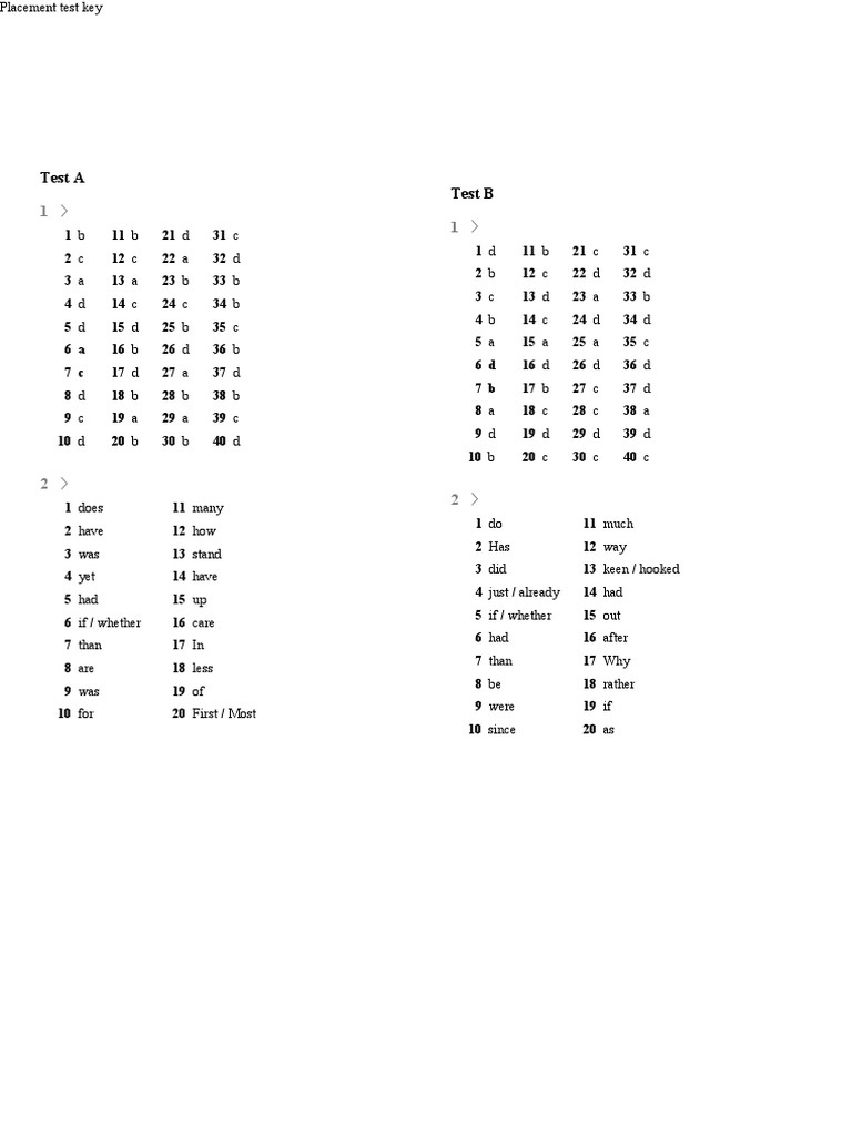 Placement 1 2 Test Answer Key | PDF