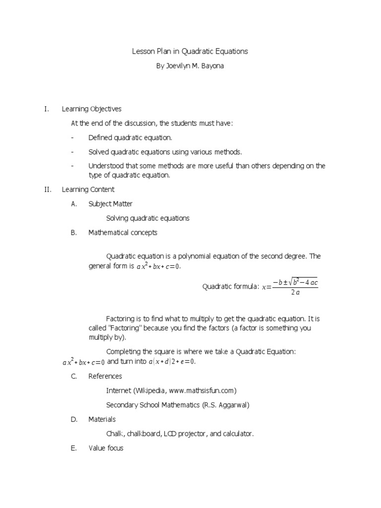Lesson Plan in Quadratic Equations: Ax BX+C 0 X B B | PDF | Quadratic ...