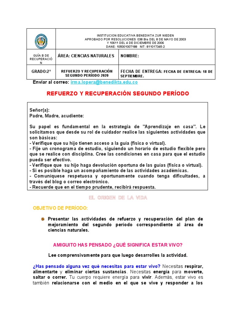 Ciencias Naturales. Refuerzo y Recuperación Segundo Período Grado 2º ...