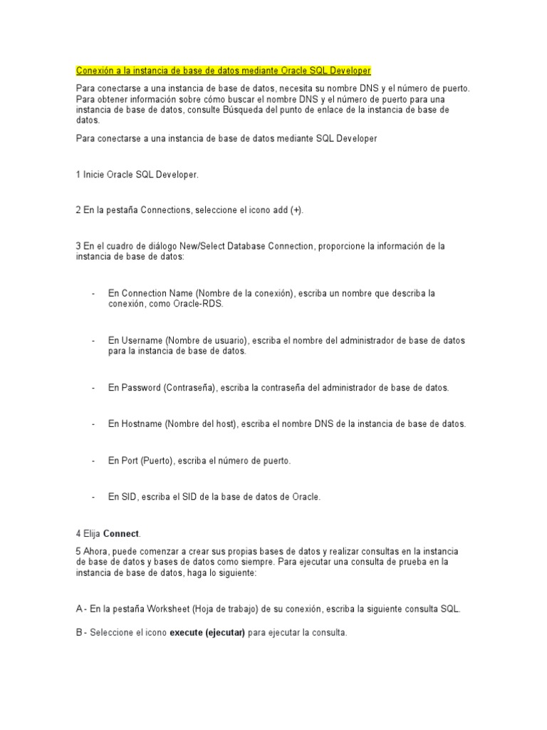 Conexión A La Instancia de Base de Datos Mediante Oracle SQL Developer | PDF | Servidor SQL de ...