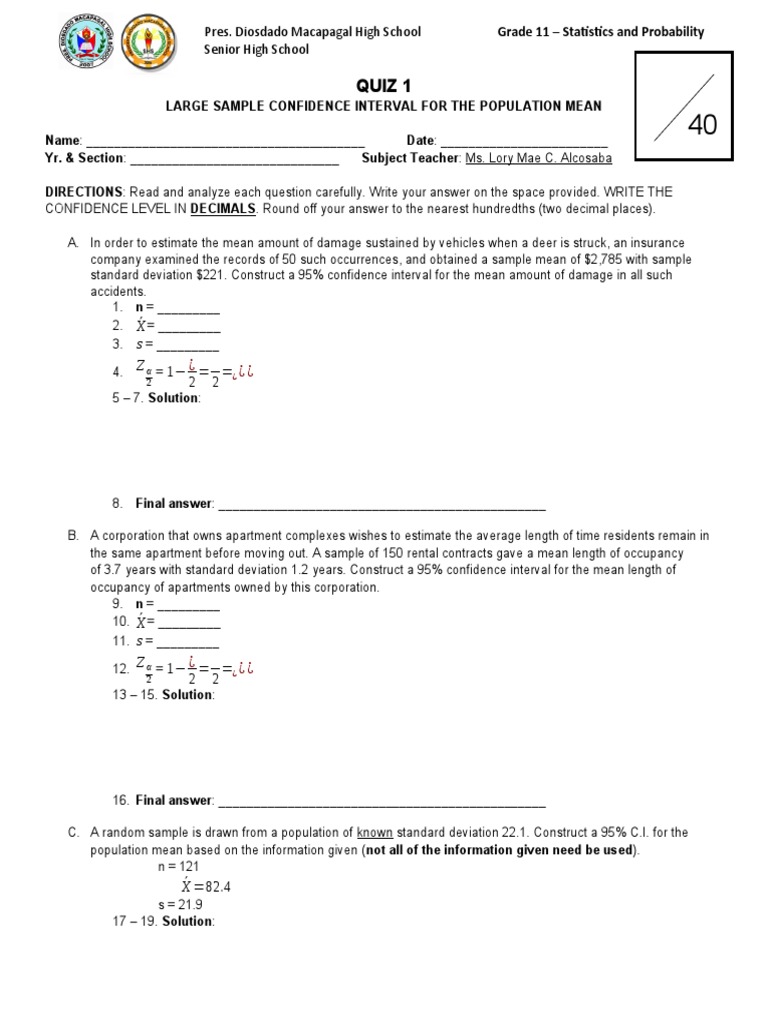 Stats Q1 and Q2 - Pearl | PDF | Confidence Interval | Applied Mathematics
