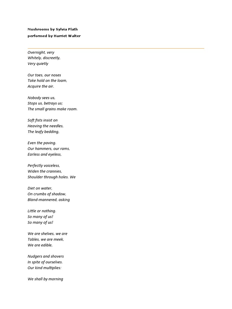 Sylvia Plath's "Mushrooms" Analysis | PDF | Art | Poetry