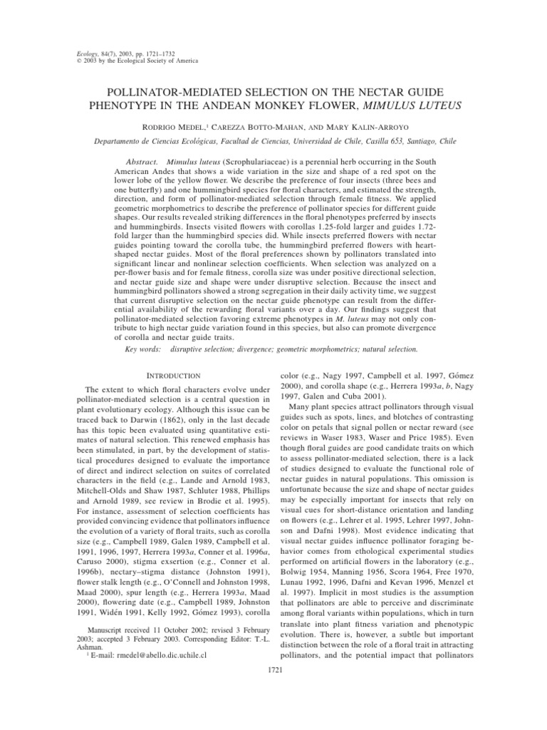 Pollinator-Mediated Selection Shapes the Evolution of Nectar Guide ...