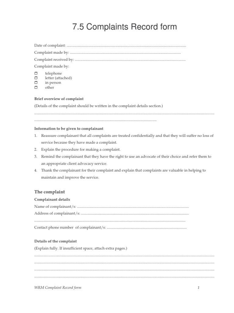 WRM Complaint Record Form | PDF | Complaint | Government