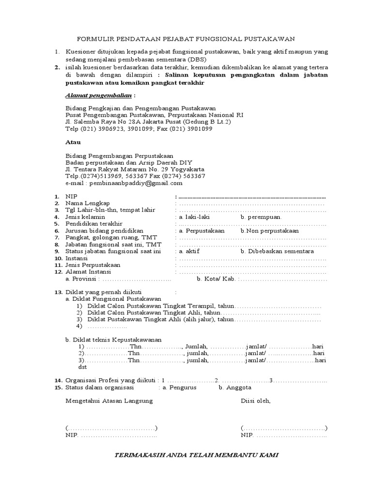 File Formulir Pendataan Pejabat Fungsional Pustakawan | PDF