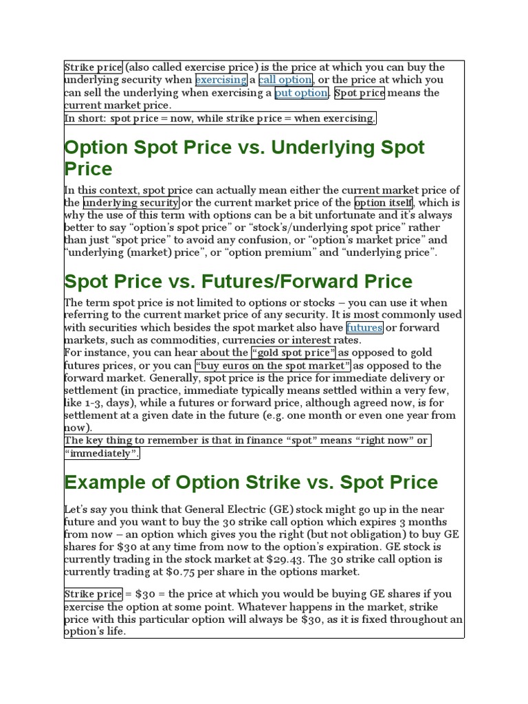 Option Spot Price vs. Underlying Spot Price | PDF | Spot Contract ...