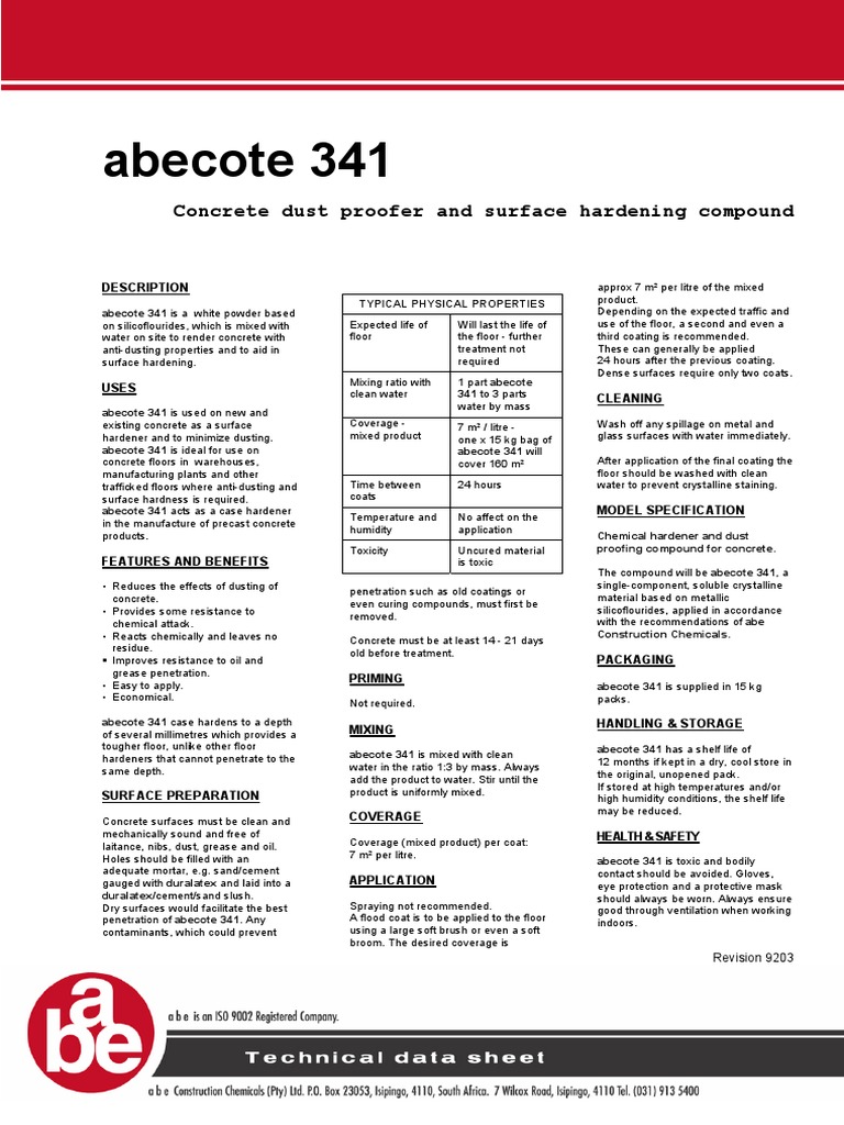 Abecote 341: Concrete Dust Proofer and Surface Hardening Compound | PDF ...