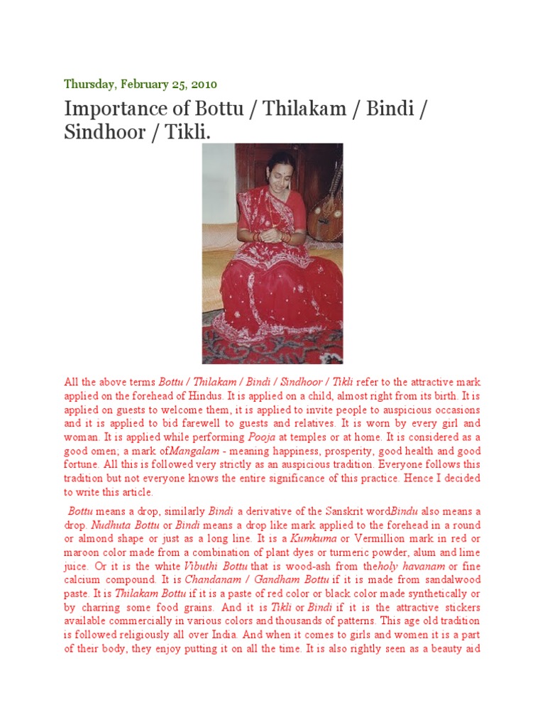 Importance of Bottu/Thilakam/Bindi/Sindhoor/Tikli. | PDF