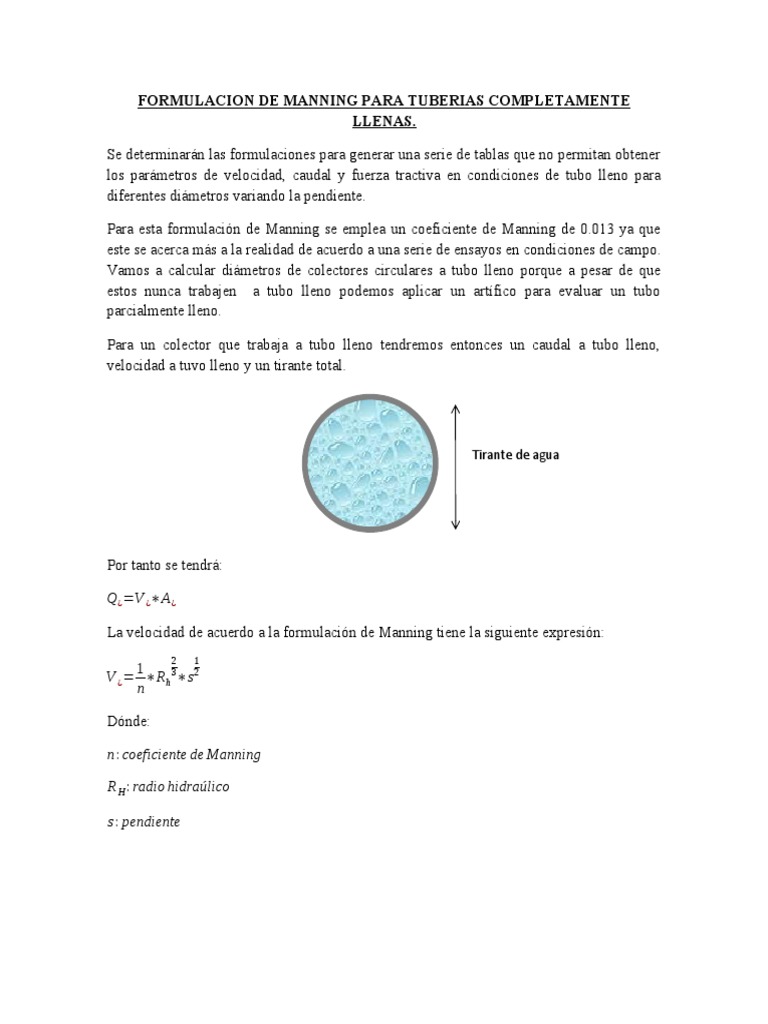 Formulacion de Manning para Tuberias Completamente Llenas | PDF | Descarga (hidrología) | Pendiente