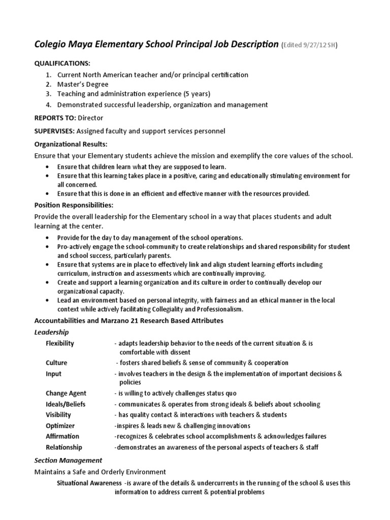 Elem Principal Job Description 120928 | PDF | Teachers | Leadership