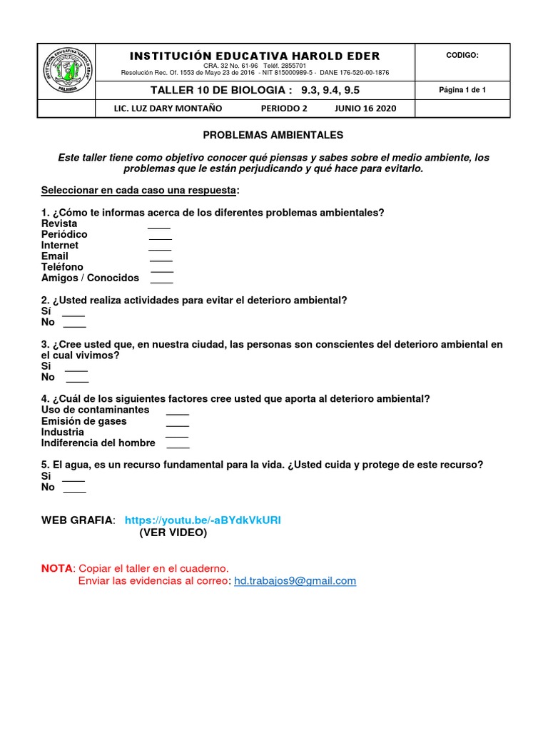 Taller 10 2P 9°3 9°4 9°5 Problemas Ambientales | PDF