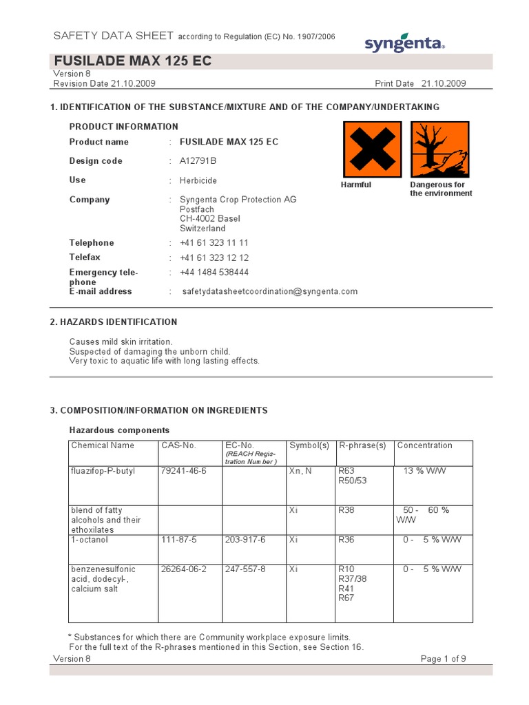 Fusilade Max 125 Ec: Safety Data Sheet | PDF | Personal Protective Equipment | Toxicity