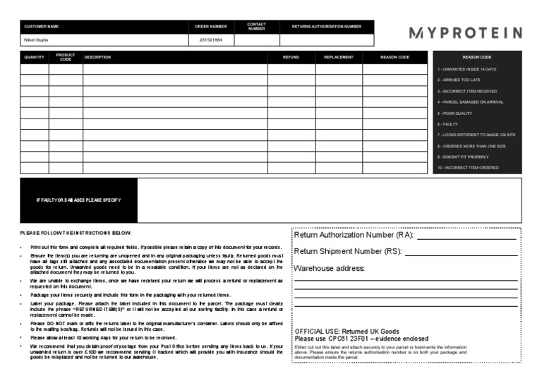 Return Authorization Number (RA) : Return Shipment Number (RS ...