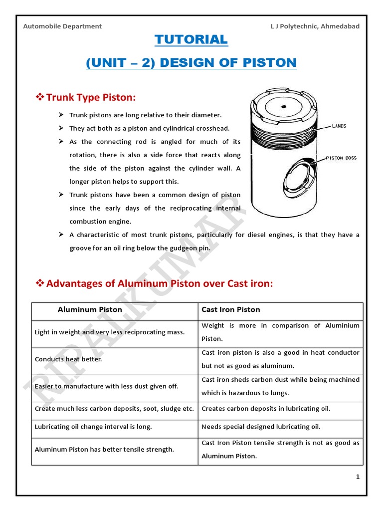 Tutorial (Unit - 2) Design of Piston | PDF | Piston | Horsepower
