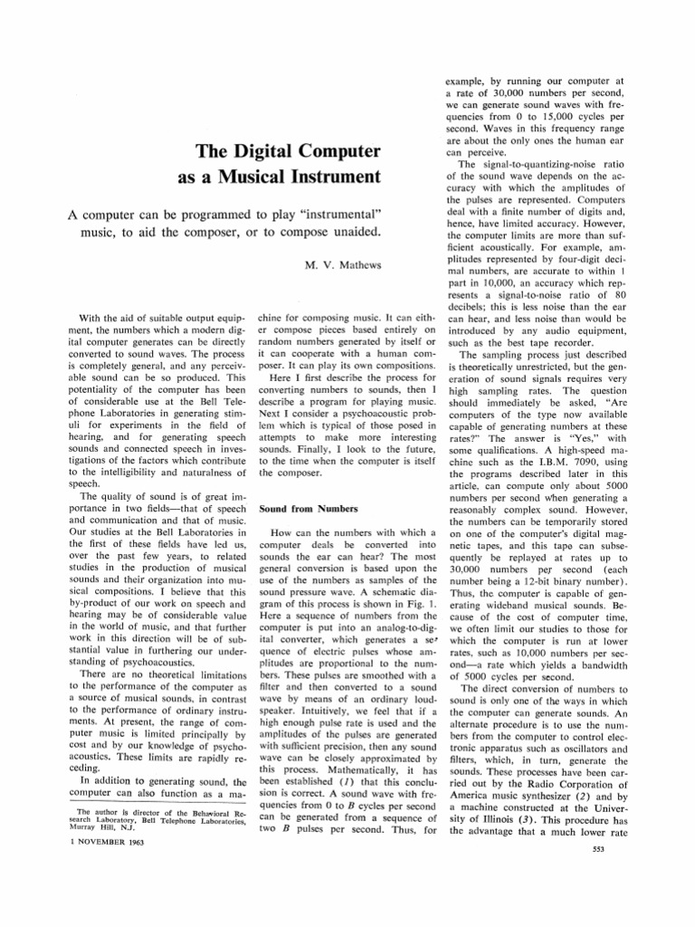 Max Mathews - 1963 - The Digital Computer As A Musical Instrument PDF | PDF