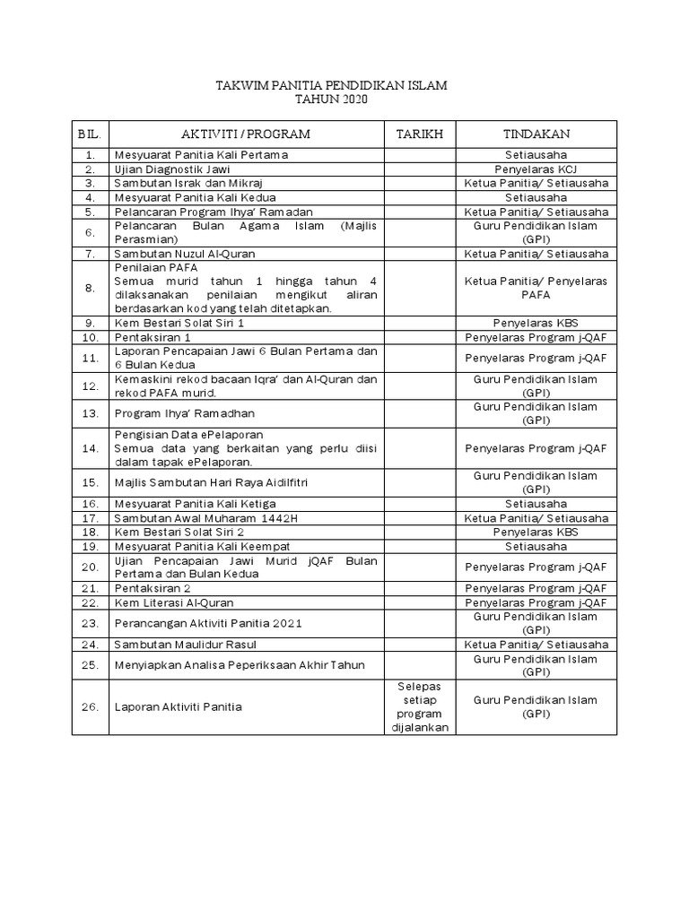 Takwim Panitia Pendidikan Islam | PDF
