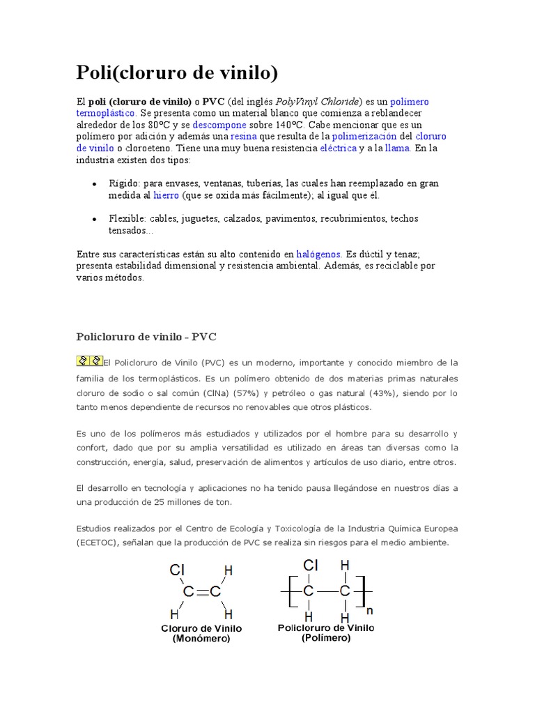 Policloruro de Vinilo (PVC) | PDF | Cloruro de polivinilo | Reciclaje