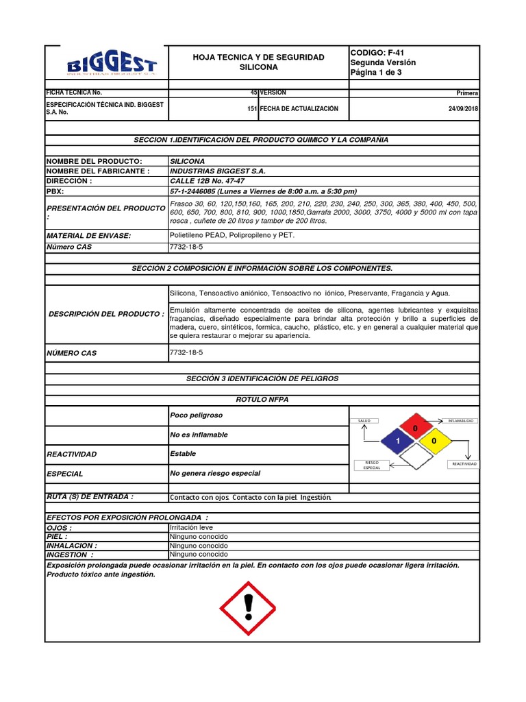 Hojas de Seguridad Silicona | PDF | Silicona | Agua